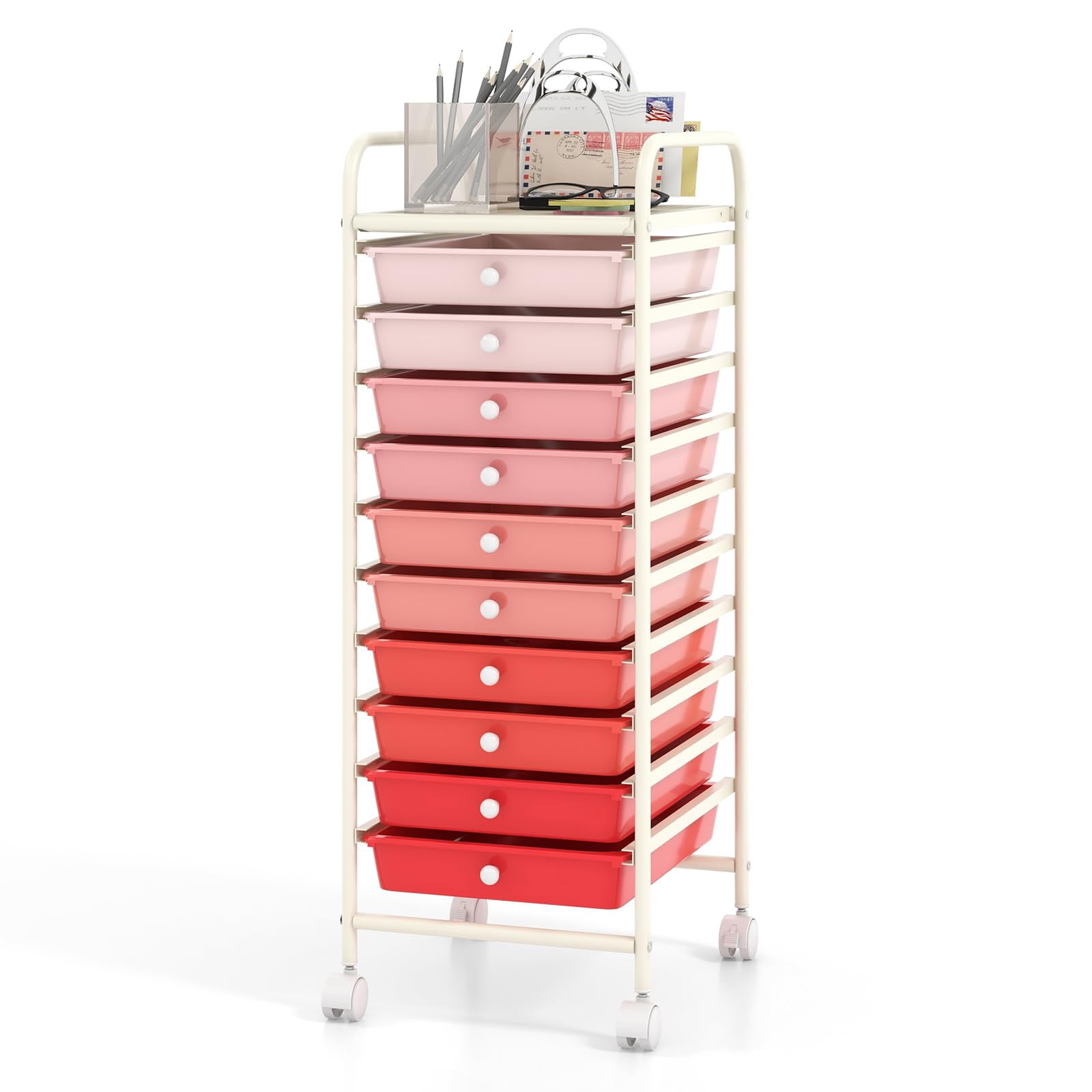 10-Drawer Mobile Organizer Cart, Rolling Storage Trolley with Removable ...