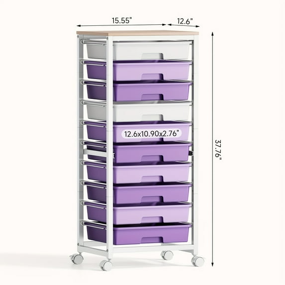 10-Drawer Rolling Cart with Wheels & Wooden Tabletop, Utility Storage ...