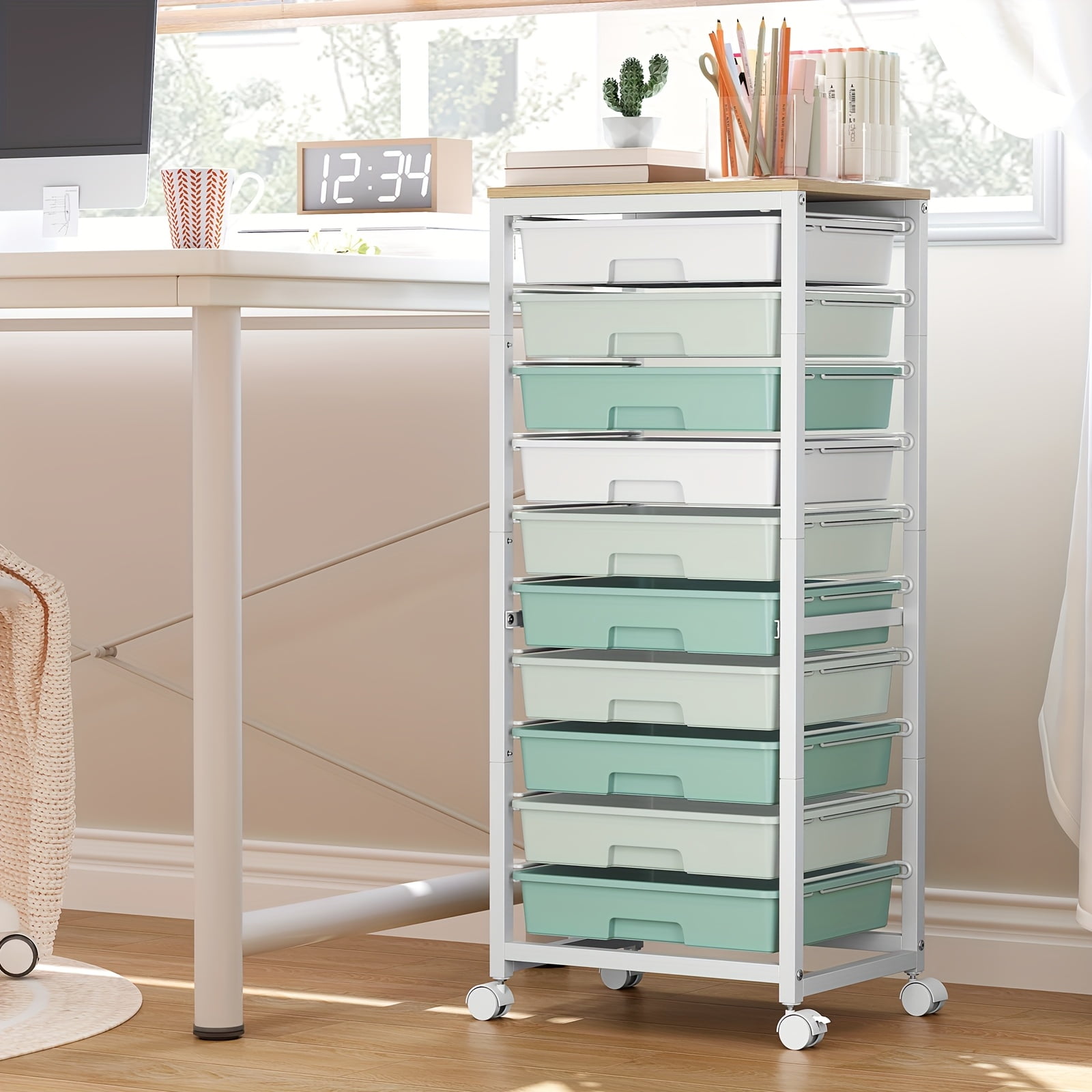 10-Drawer Rolling Cart with Wheels & Wooden Tabletop, Utility Storage ...
