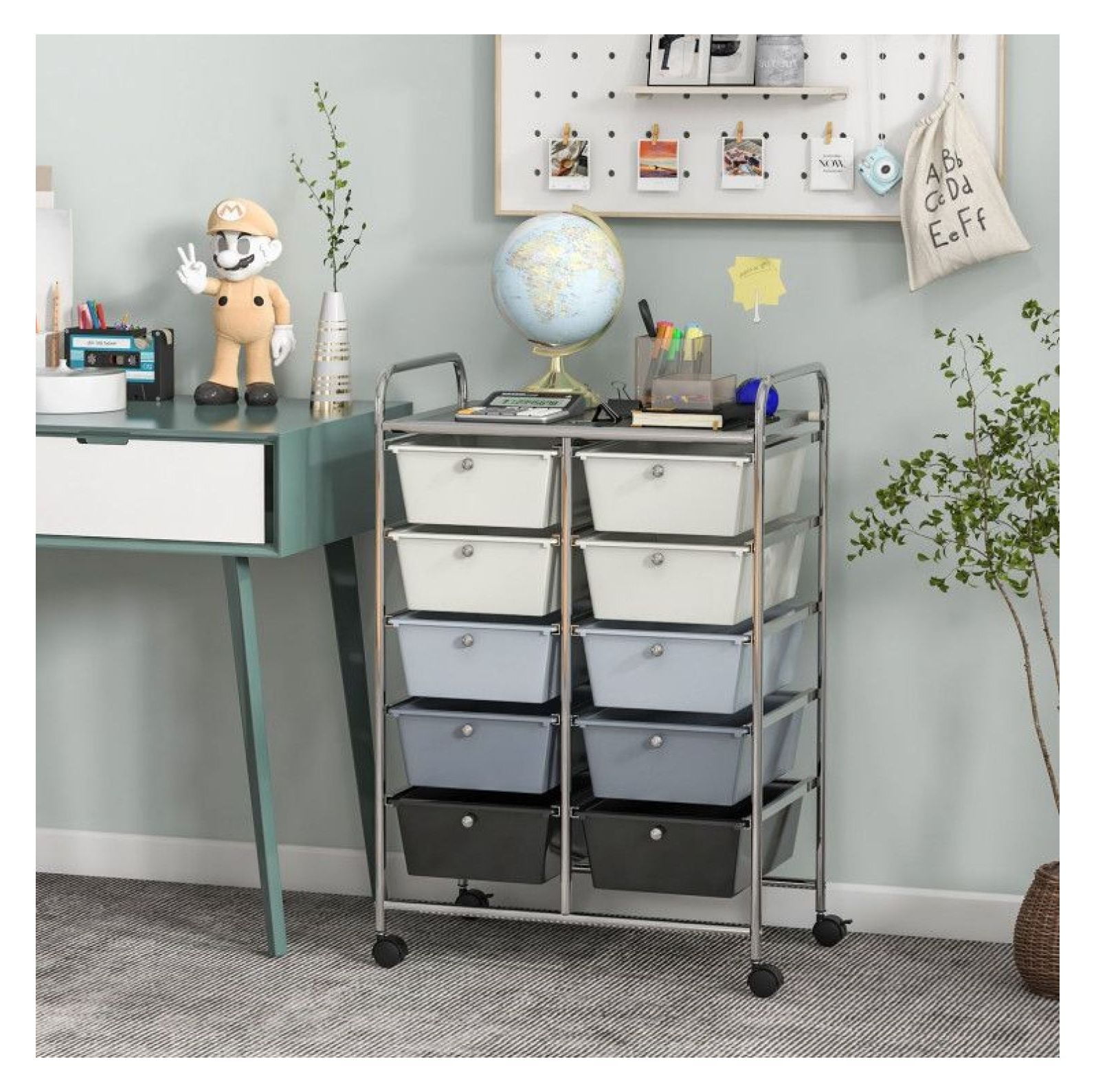 10-Drawer Rolling Storage Cart, Mobile Organizer Cart with Lockable ...