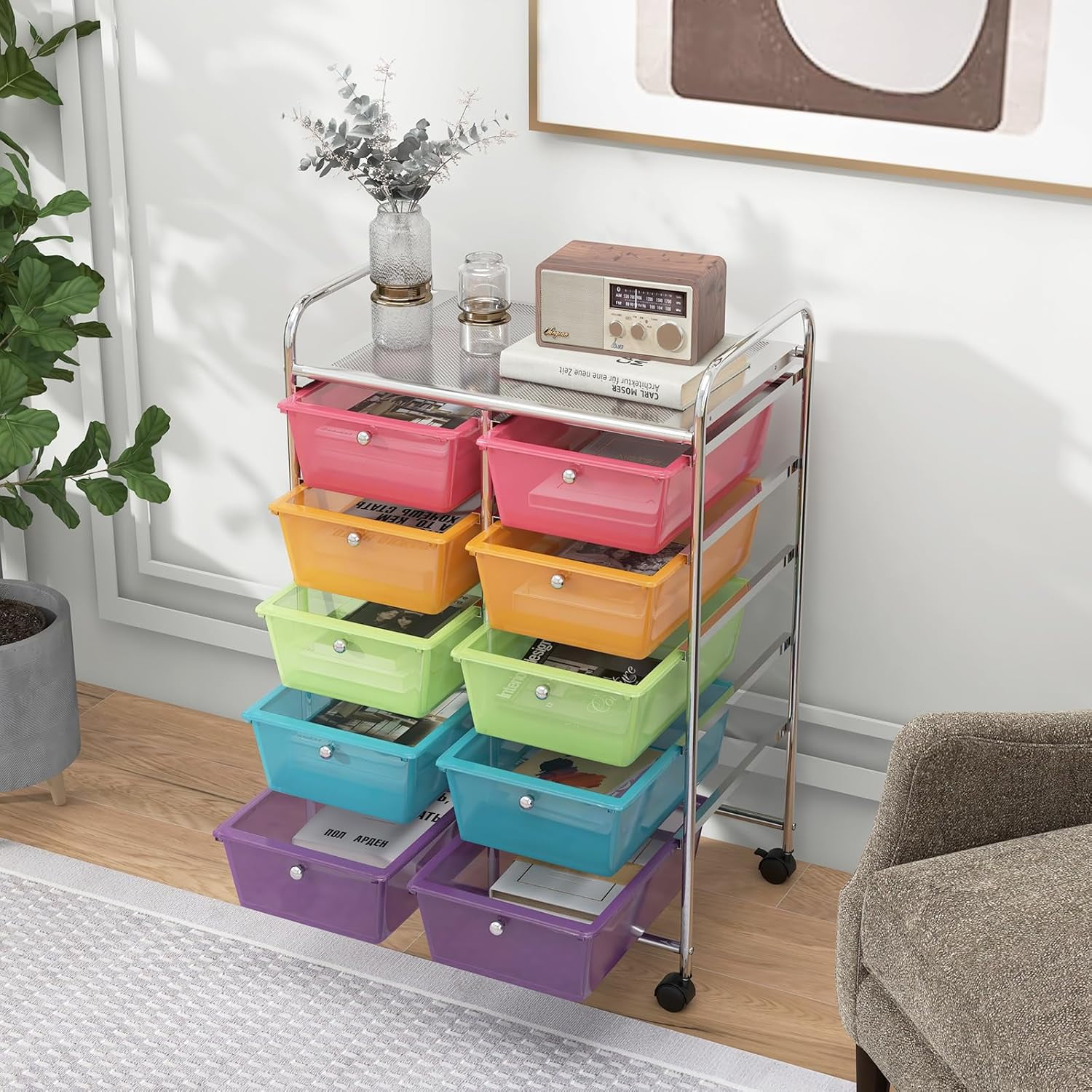 10-Drawer Rolling Storage Cart, Storage Organizer Cart with Lockable ...