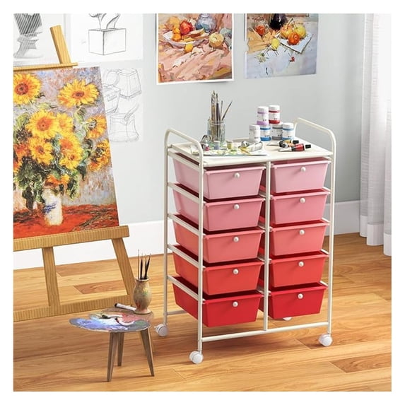 10-Drawer Rolling Storage Cart - Pink Mobile Organizer for Art Supplies ...