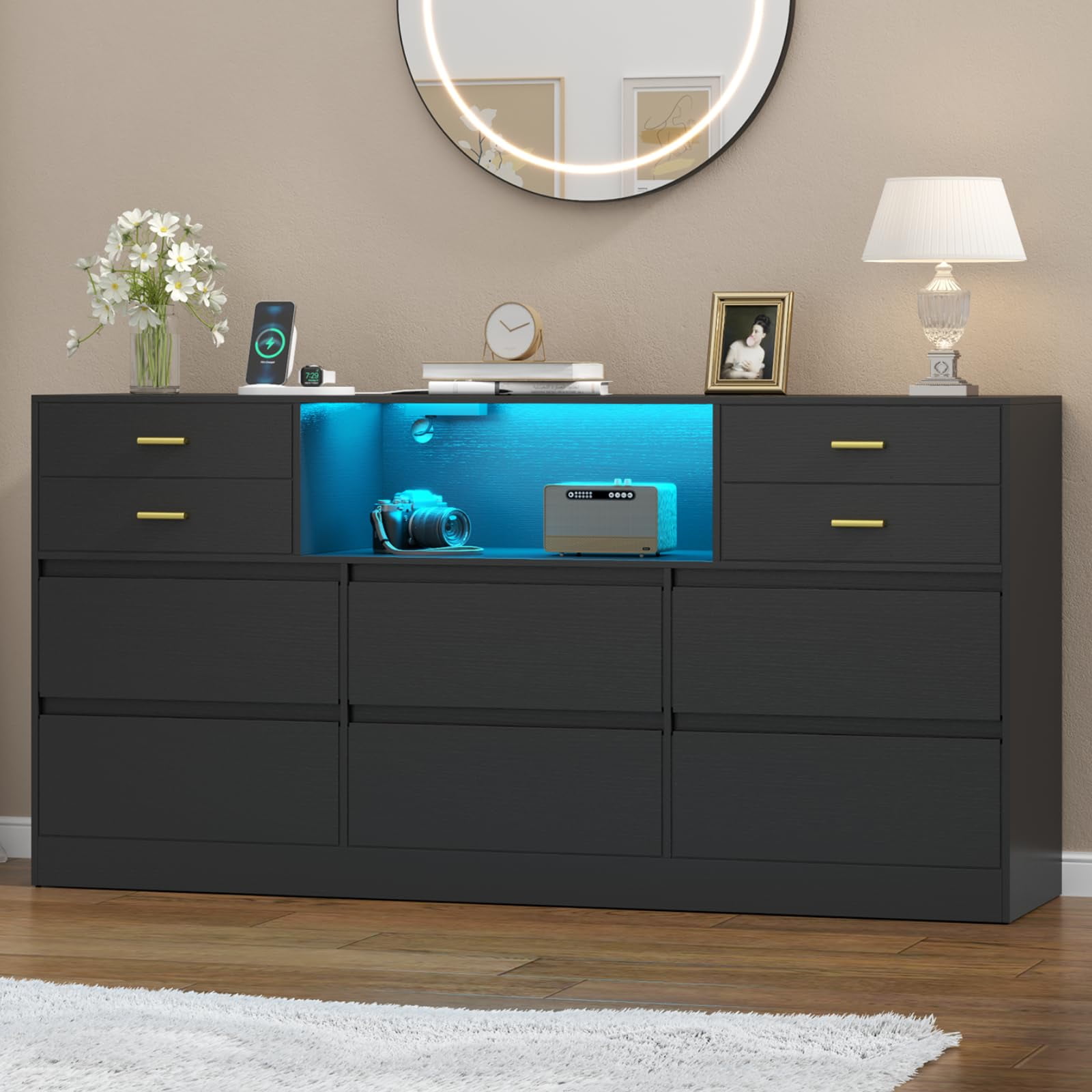 10-Drawer White Dresser with Charging Station and LED Lights, 58 ...