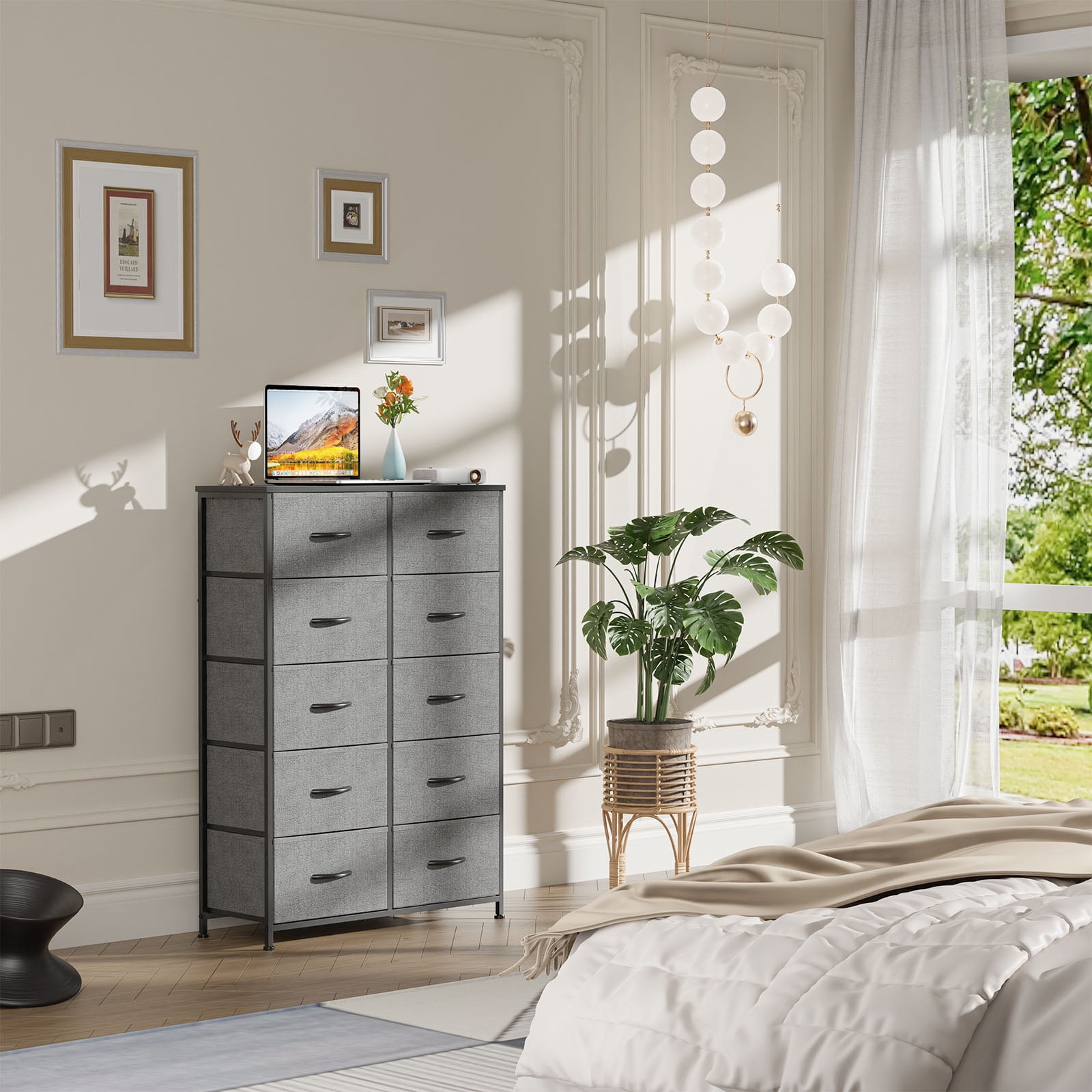 10 Drawers Cloth Dresser With Fabric Bins, Metal Frame, Wood Tabletop ...