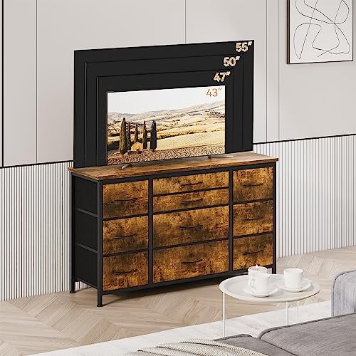 10 Drawers Fabric Dresser TV Stand for 55" TV, Wide Storage Dresser ...