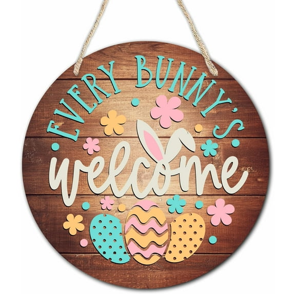 10" Easter Round Wooden Hanging Sign With Sisal Rope - Every Bunny ...