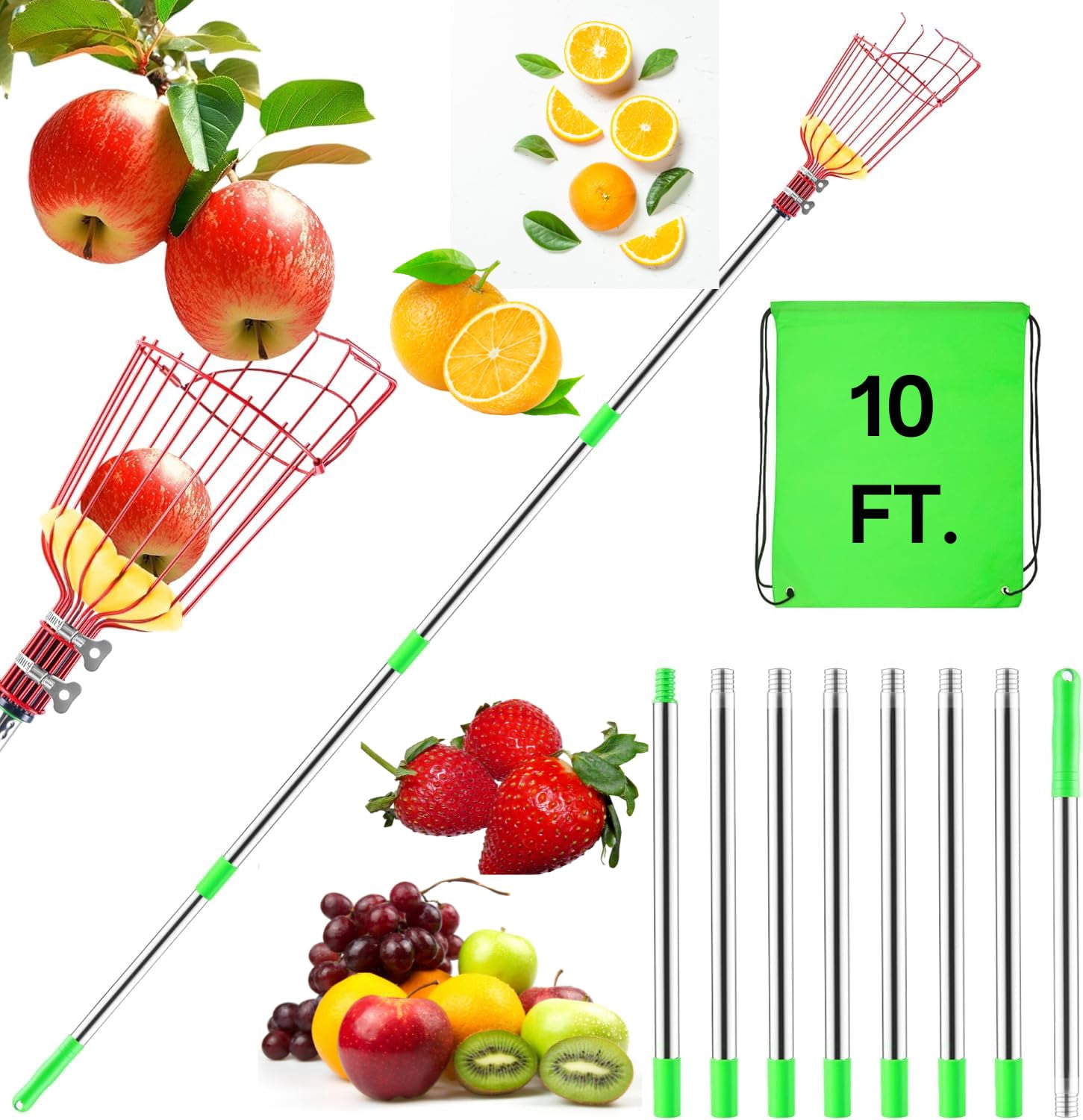 10 FEET Fruit and Mango Plucker - Equipped with a Net and Pole for Easy ...