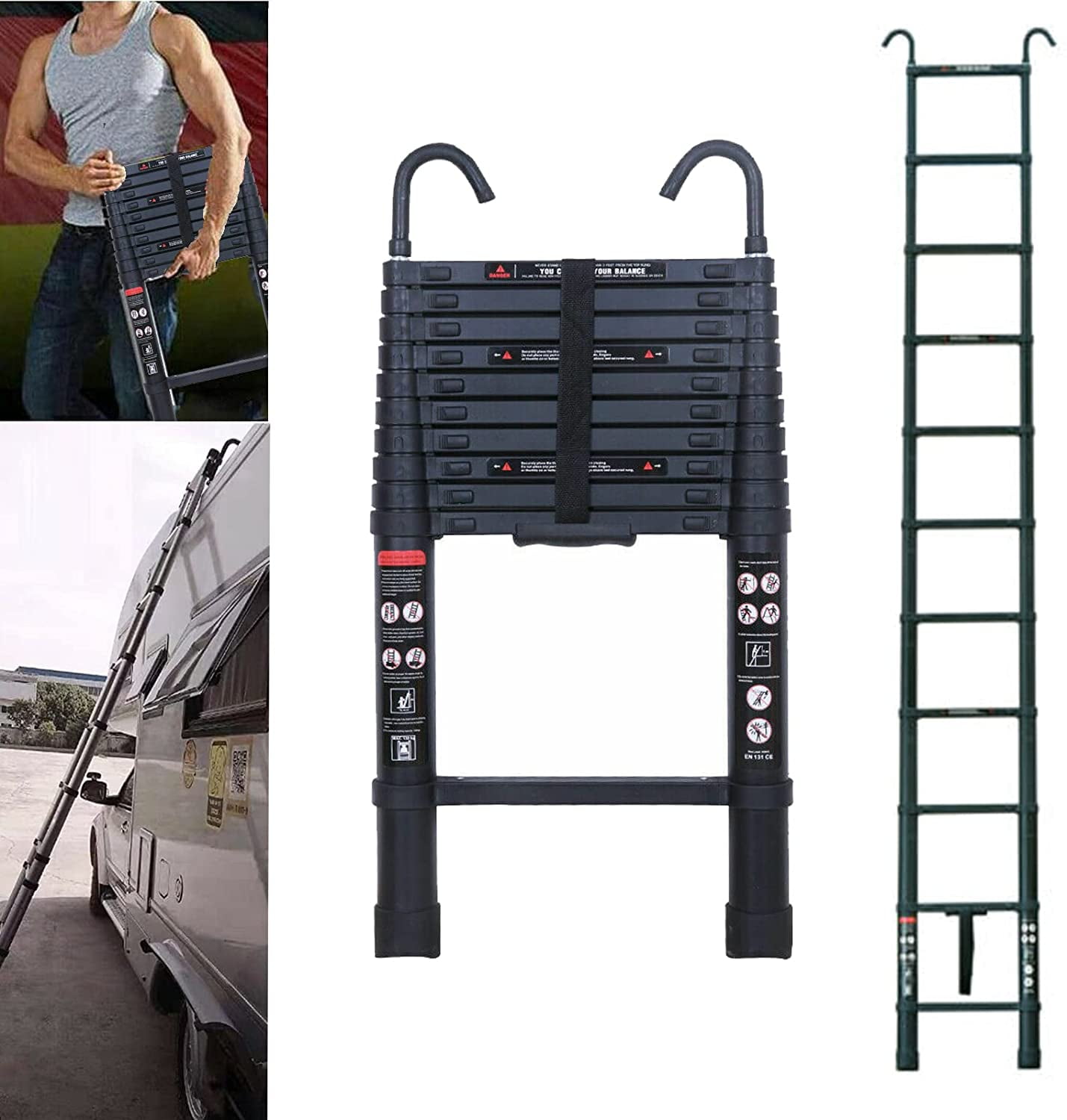 10 FT Aluminum Telescoping Ladder with 2 Detachable Roof Hooks ...