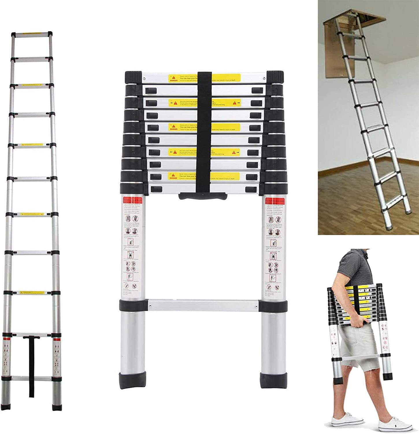 10 FT Aluminum Telescoping Ladder Extension Ladder Anti-Slip Rubber ...