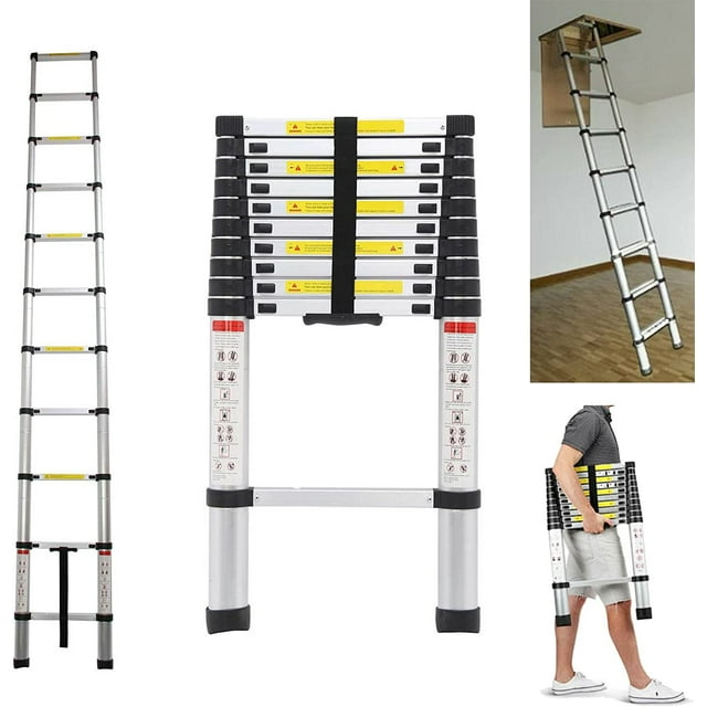10 FT Aluminum Telescoping Ladder Extension Ladder Anti-Slip Rubber ...