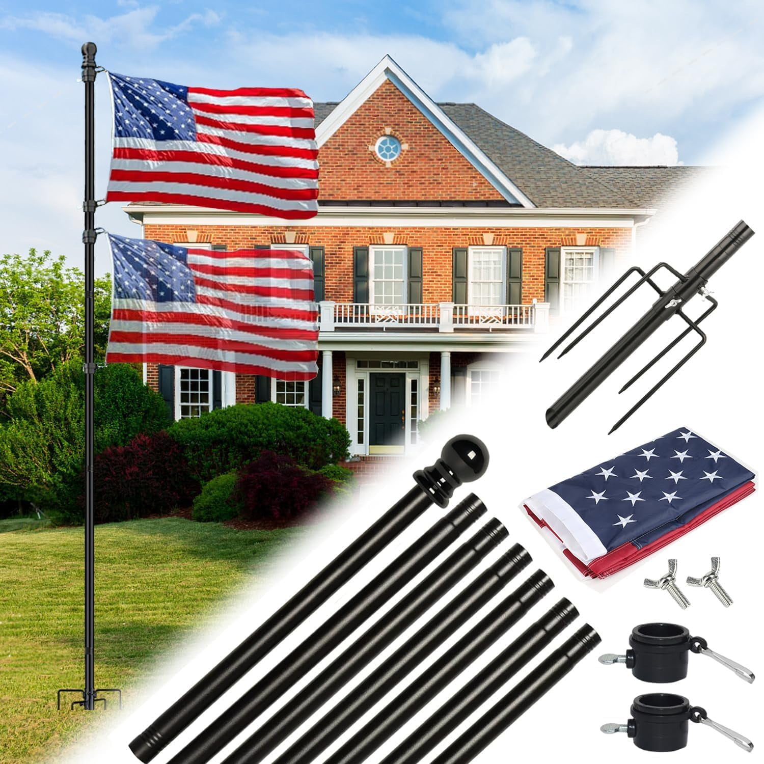 10 FT Flag Poles for Outside House with 2x3 USA Flag, Heavy Duty Extra ...