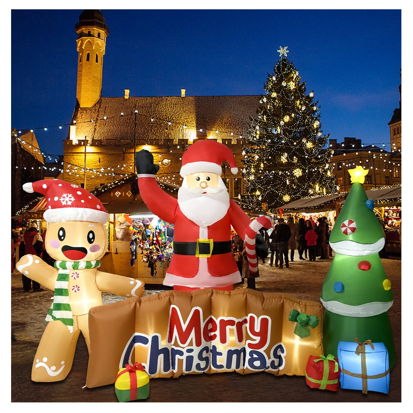 10 FT Inflatables Merry Christmas Sign with Santa, Gingerbread Man ...