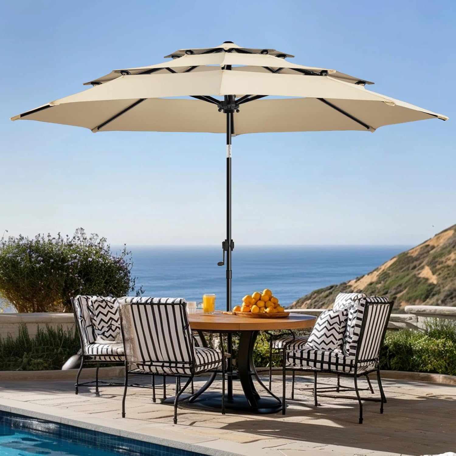 10 FT Patio Umbrellas 3-Tiers Outdoor Table Market Umbrella with Push Button Tilt/Crank, Fade ...