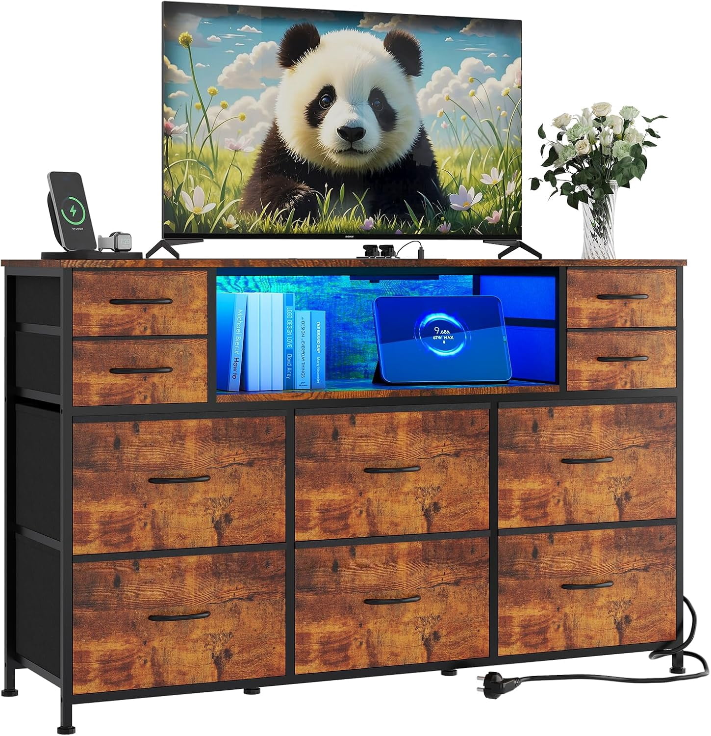 10-Fabric Drawer Dresser with Wood Top, LED Light & Power Outlet, TV ...