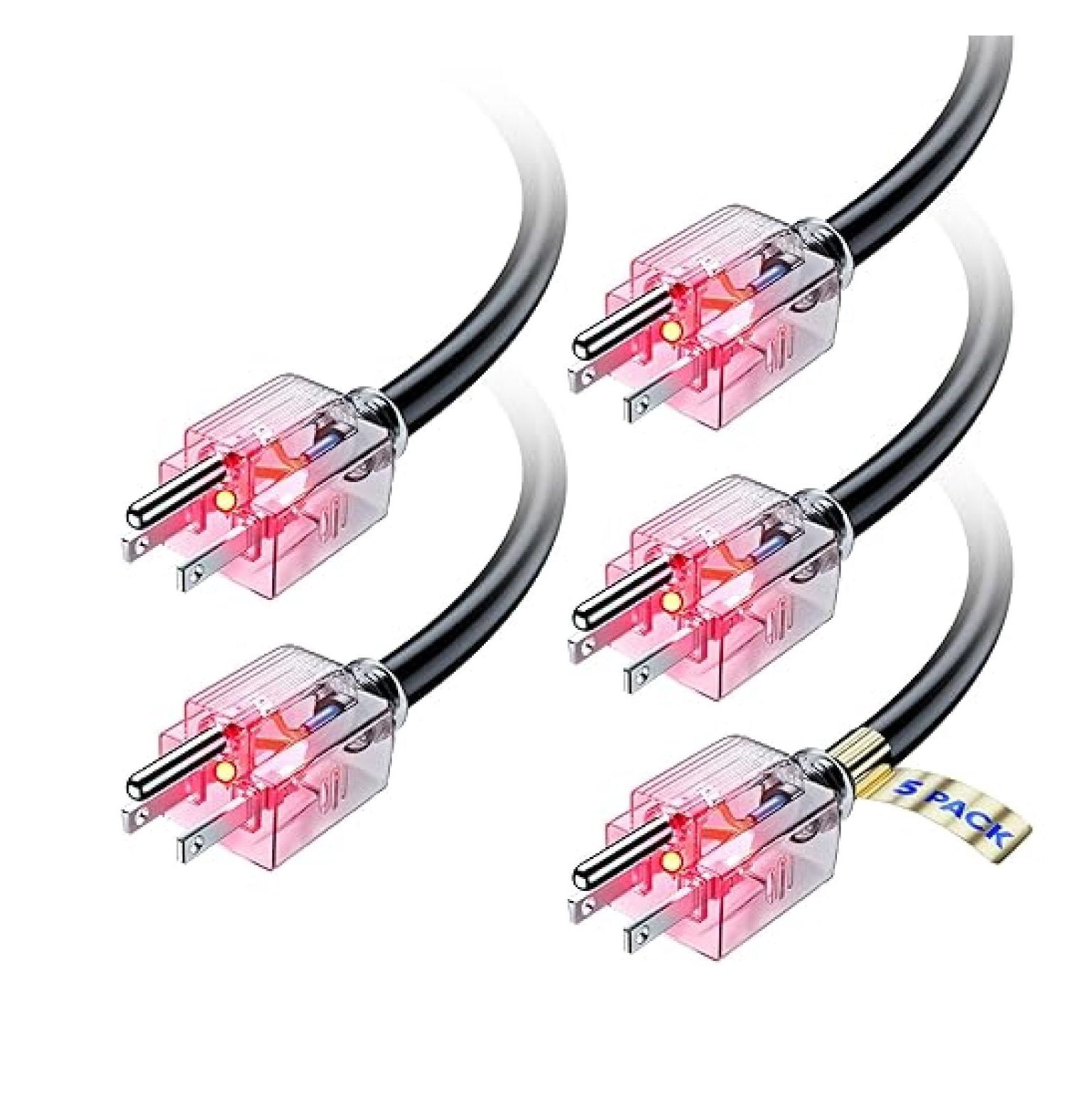 10 Feet Black (5 Pack) Extension Cord – 16 AWG, 3-Prong Grounded ...