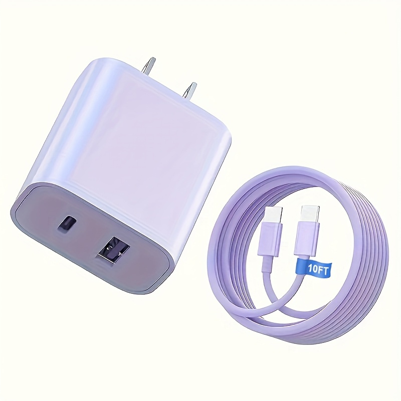 10 Feet Extra Long Cable, "Dual Fast" 20W USB C Fast Charger Block ...