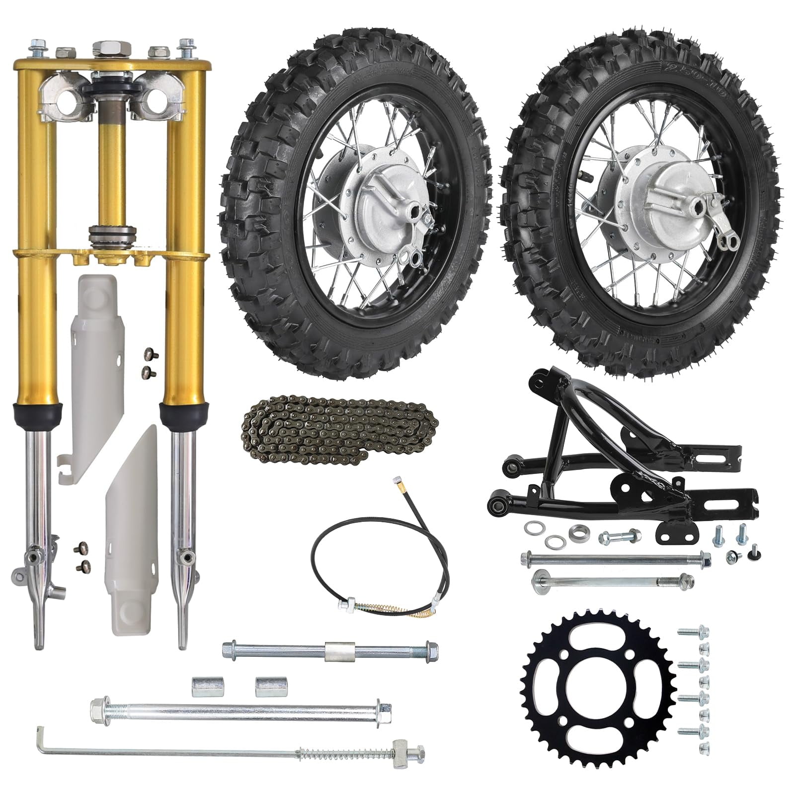 10" Front & Rear Wheels 2.50-10 Tire Rim + Front Forks Shock + Rear Swing Arm + 12mm Axle Drum ...