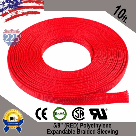10 Ft. 5/8" Red Expandable Wire Cable Sleeving Sheathing Braided Loom ...
