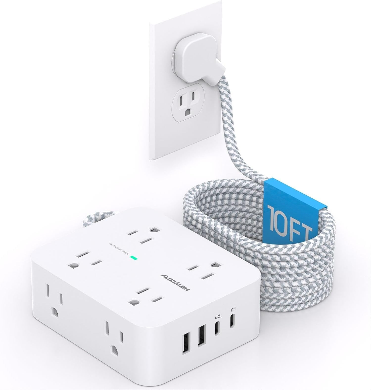 10 Ft Extension Cord with Multiple Outlets, Flat Plug Power Strip Surge ...