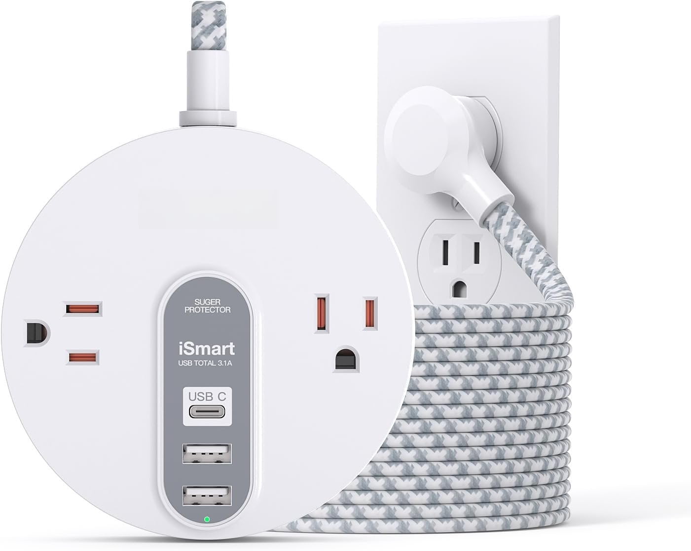 10 Ft Flat Plug Extension Cord with C - Power Strip Surge Protector ...