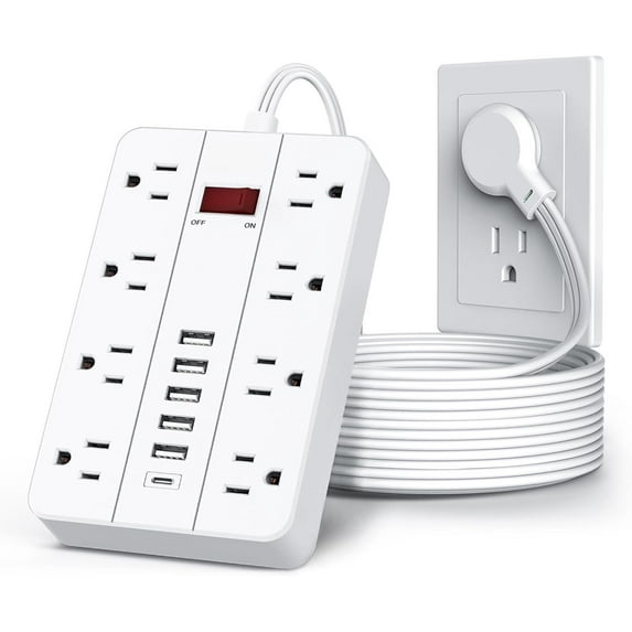 10 Ft Long Extension Cord,Power Strip Surge Protector Flat Plug with 8 ...
