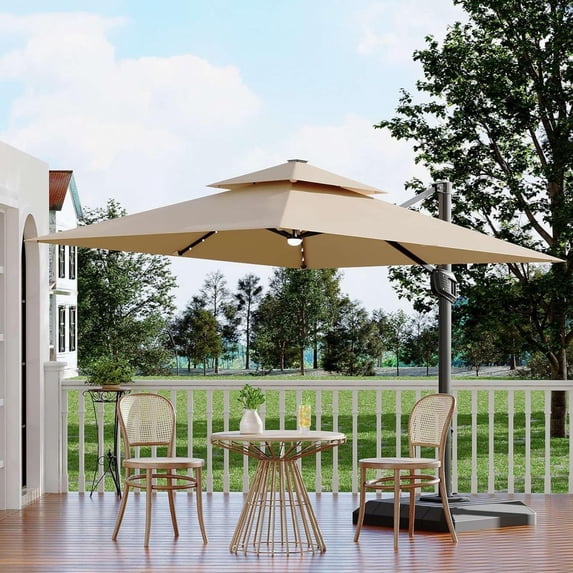 10 Ft Solar Cantilever Patio Umbrella with Base Included 360 Rotation ...