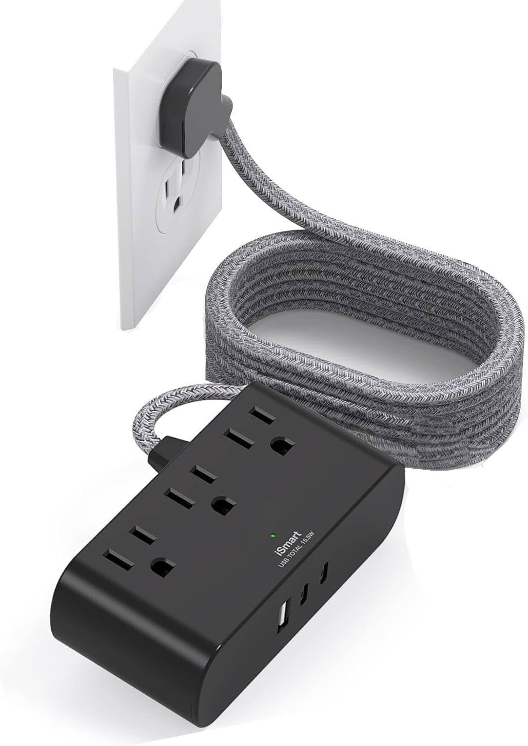 10 Ft Thin Flat Extension Cord, Black Flat Plug Power Strip with 3 ...