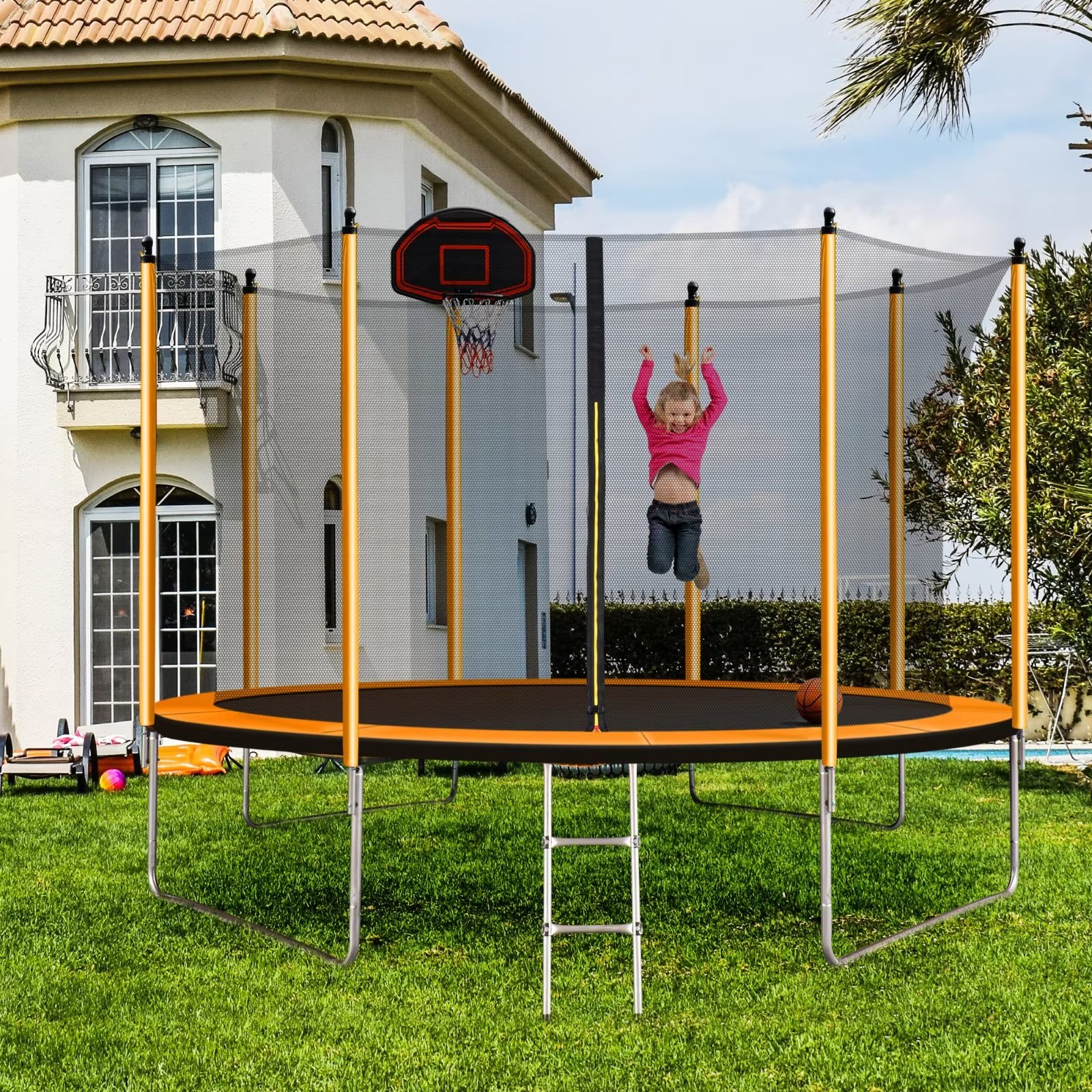 10 Ft Trampoline with Basketball Hoop, Jumping Bouncer with Safety ...