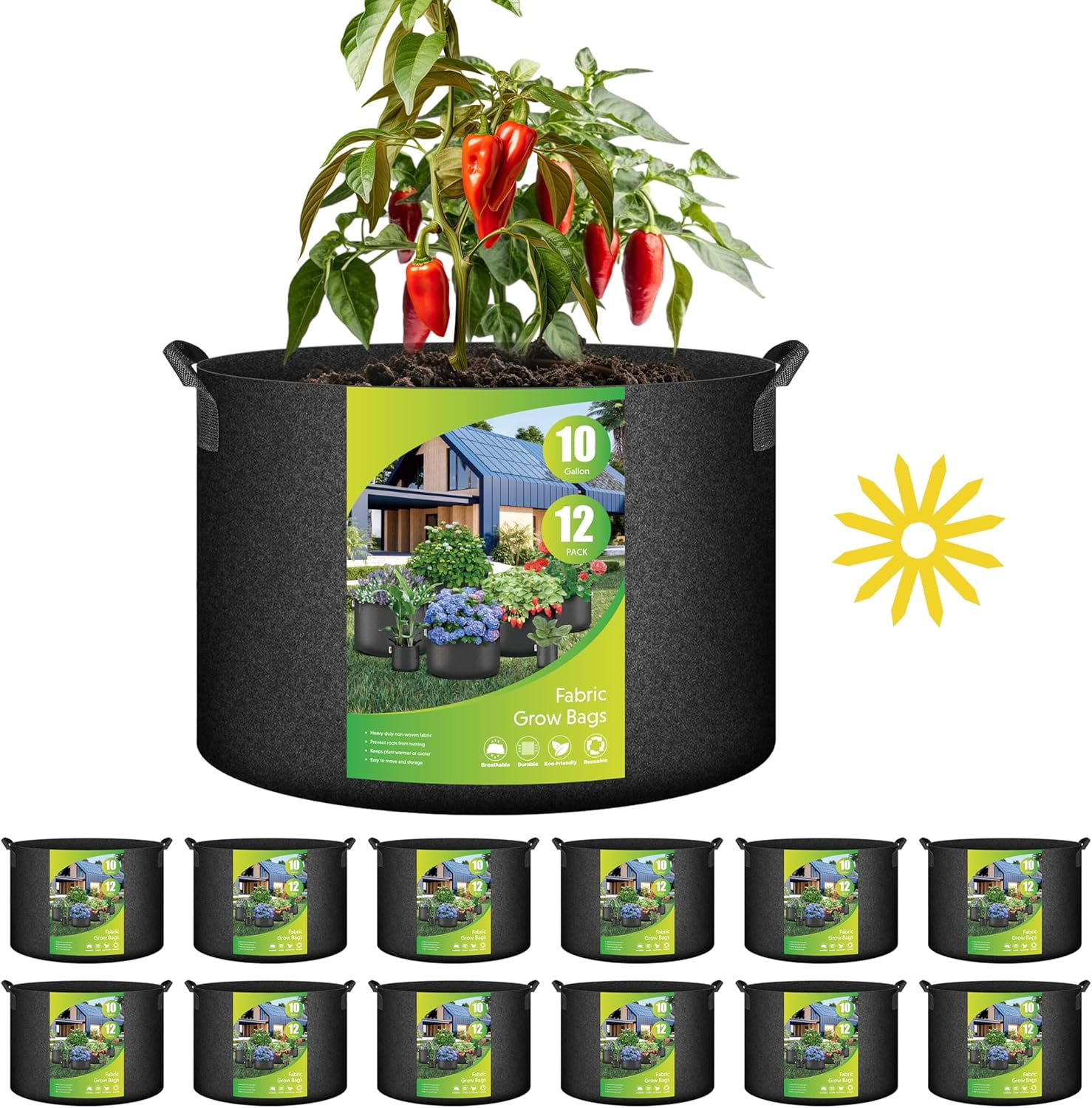10 Gallon 12 Pack Nonwoven Grow Bags, Aeration Fabric Pots with Handles ...