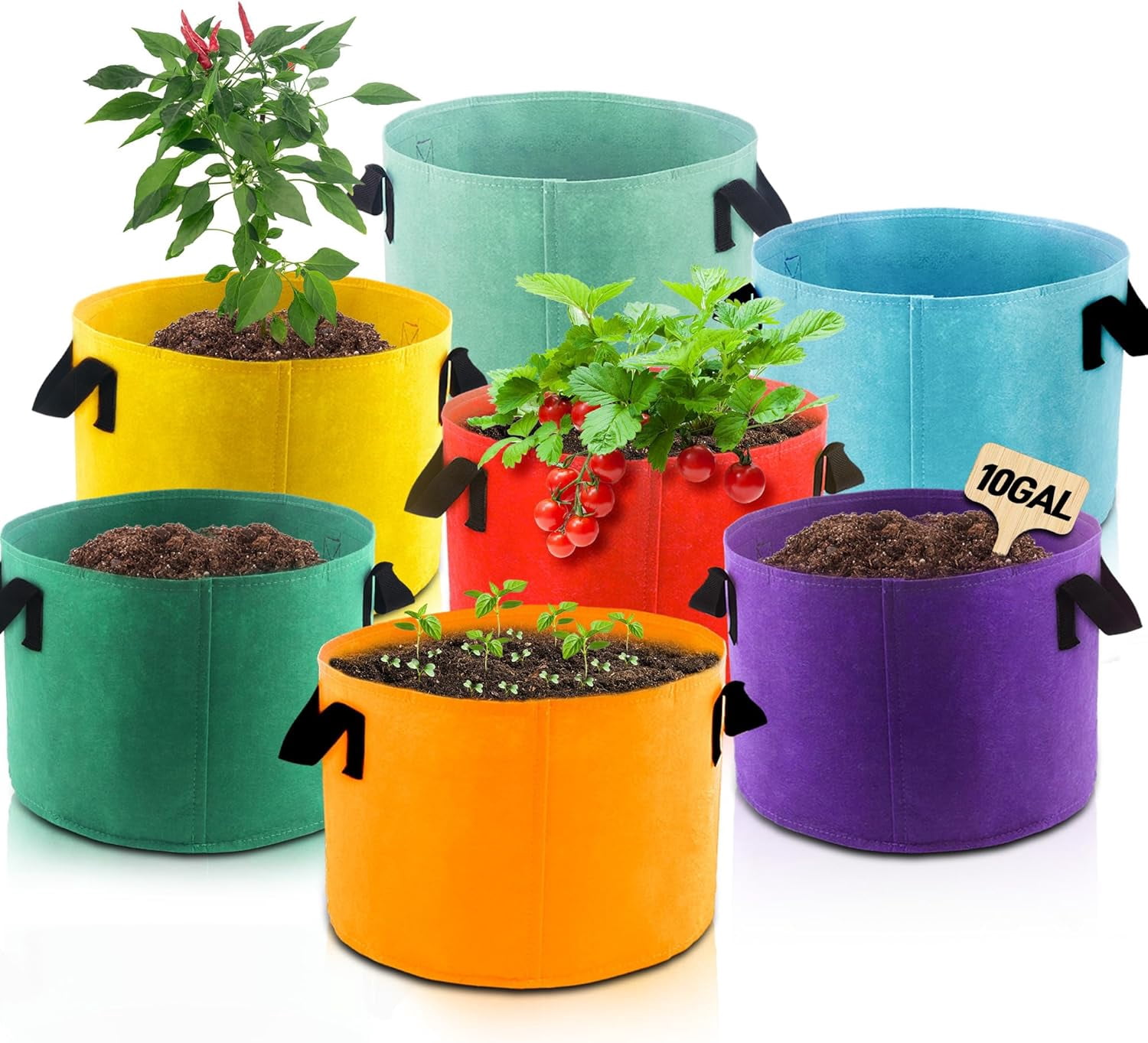 10-Gallon Fabric Grow Bags (7 Pack of Mix Colors) with Handles for ...
