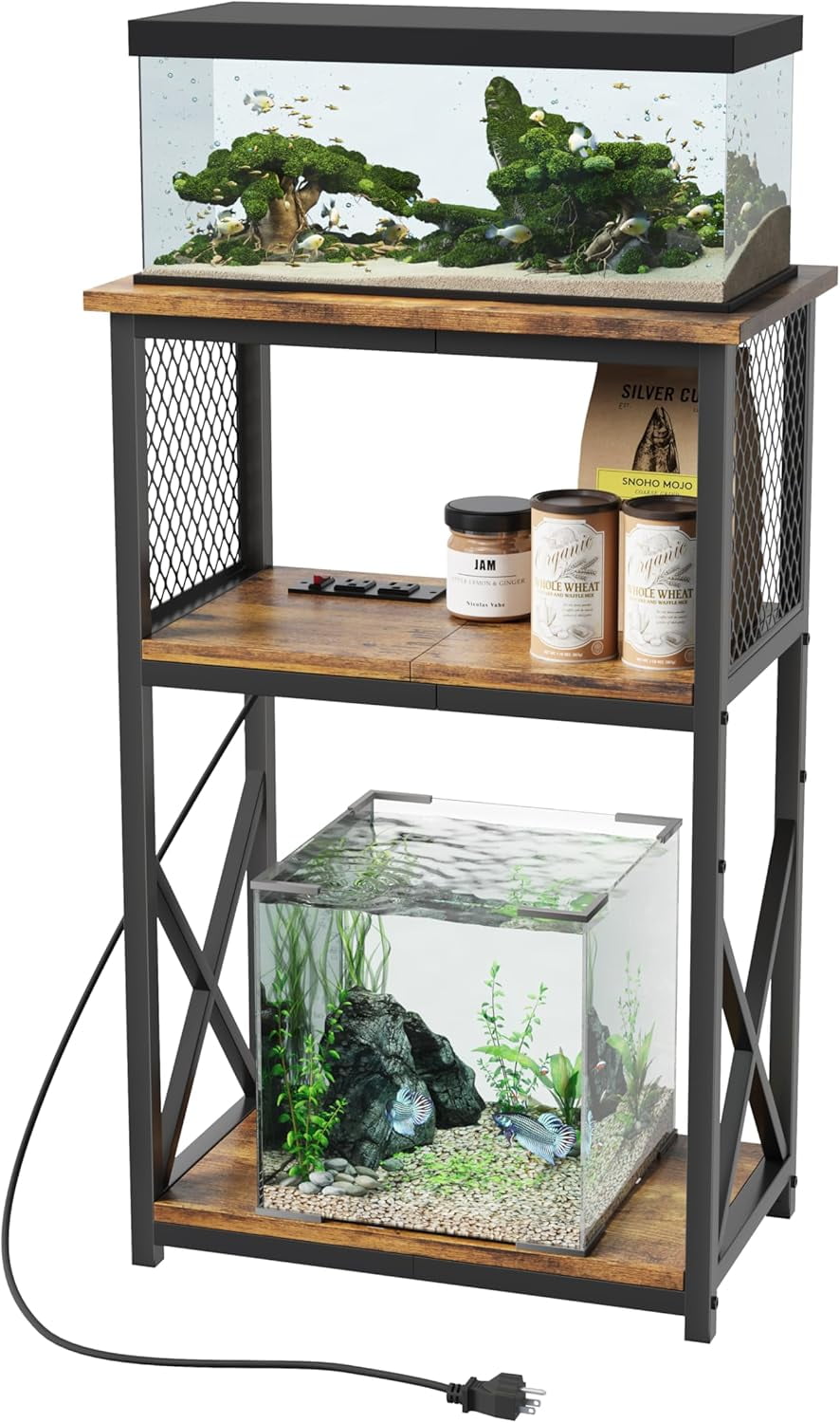 10 Gallon Fish Tank Stand with Power Outlet, 3 Tier Aquarium Stand with ...