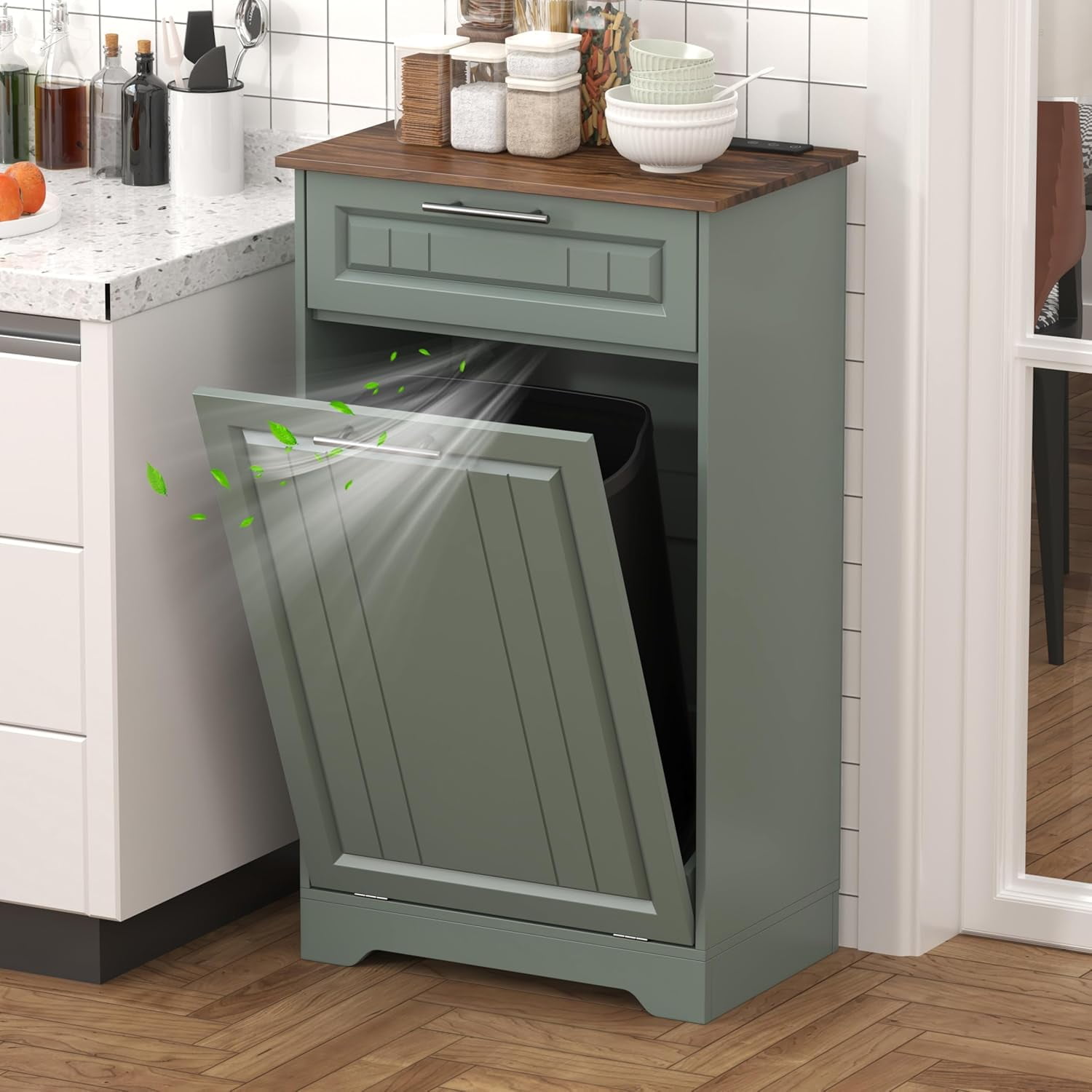10 Gallon Tilt Out Kitchen Trash Can Cabinet with Deodorizing Function ...