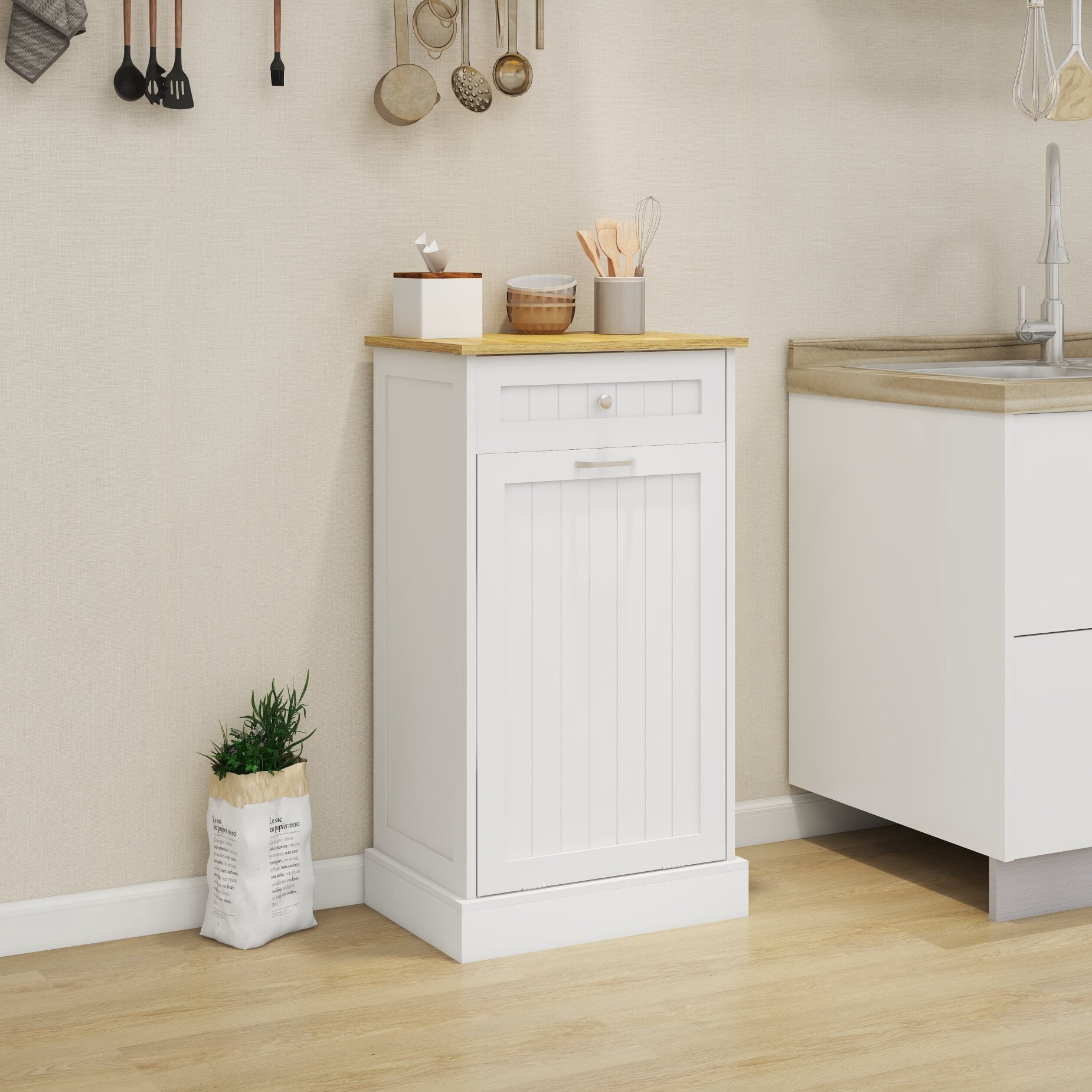 10 Gallon Tilt Out Trash Cabinet with Pull-Out Drawer, Freestanding ...