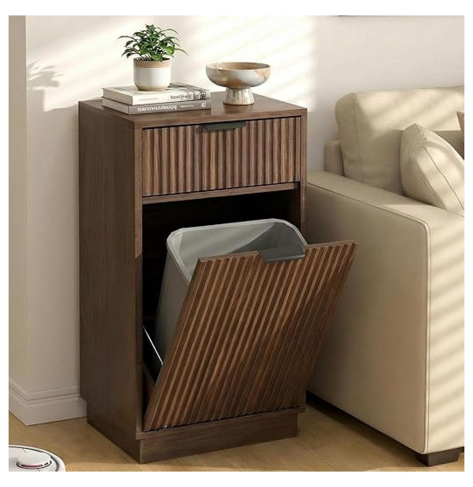 10-Gallon Tilt Out Trash Can Cabinet, Trash Can with Drawer, Walnut ...
