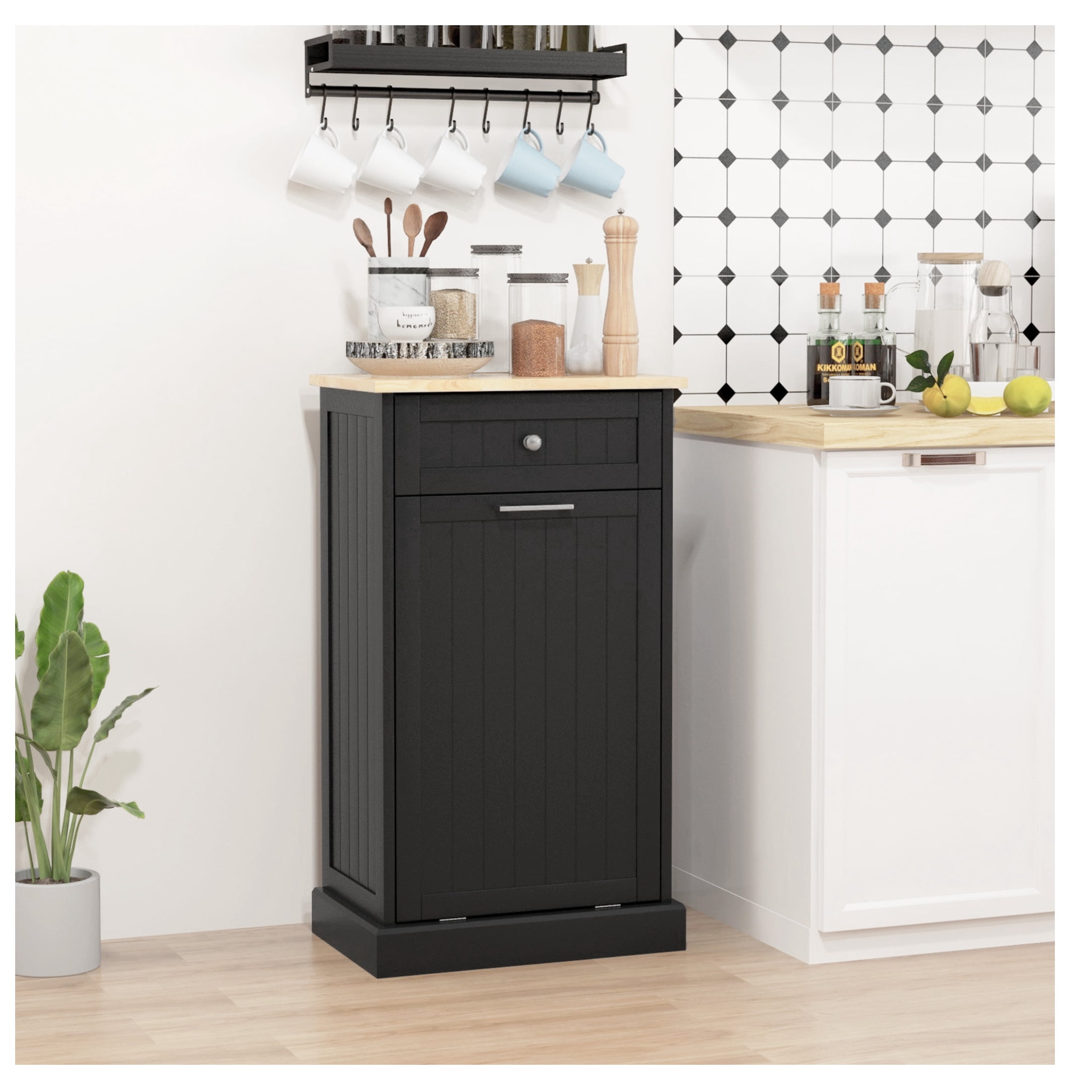 10 Gallon Trash Cabinet, Wooden Hidden Trash Can with Storage, Kitchen ...