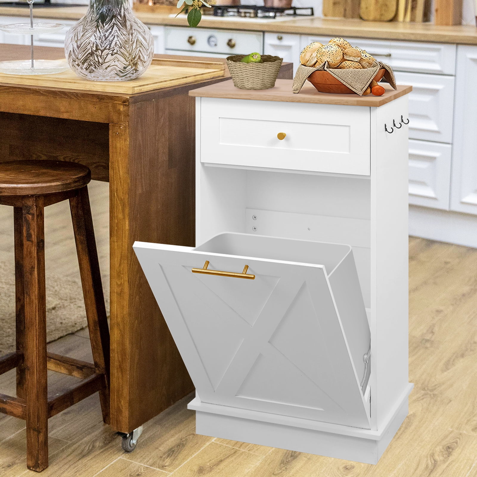 10 Gallons Tilt Out Trash Bin Cabinet, Hidden Garbage Can with Drawer ...