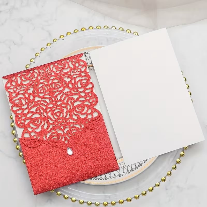 10 Glitter Paper Rose Invitations with Diamond Hollow Design - Elegant ...
