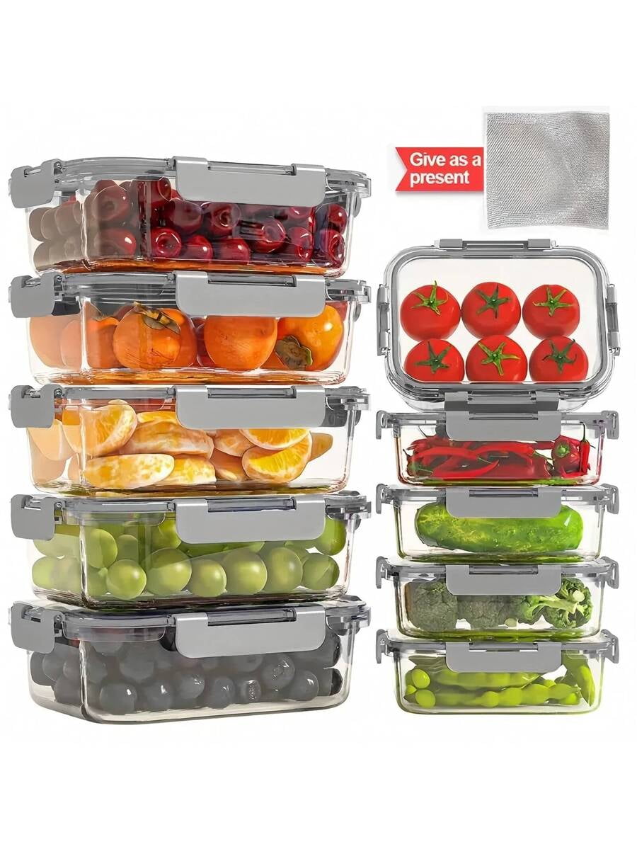 10 Gray Glass Meal Prep Containers With Lids - Food Storage Containers ...