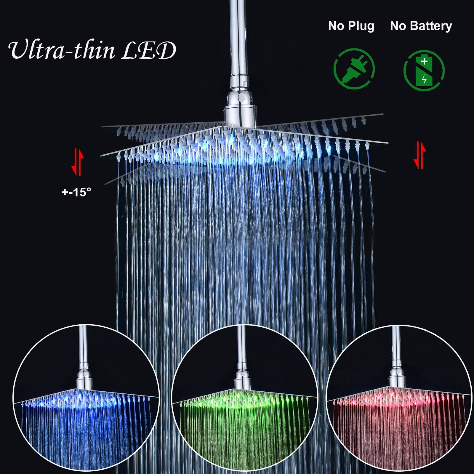 10'' Head Shower Chrome Ultrathin Stainless Steel Rainfall LED Three ...