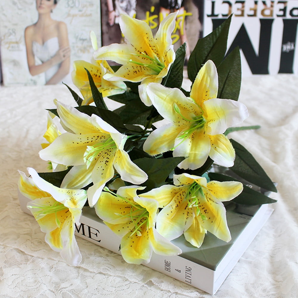 10 Heads Artificial Fake Silk Lilies Flower Bridal Bouquet, Wedding ...
