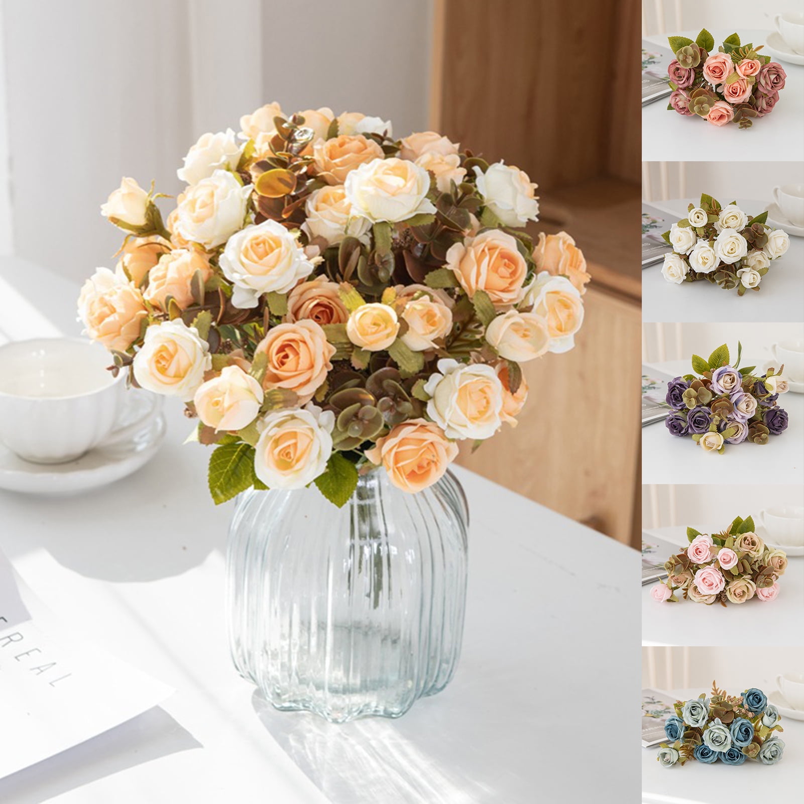 10 Heads Rose Artificial Flowers, Silk Flowers with Stems Fake Flowers ...