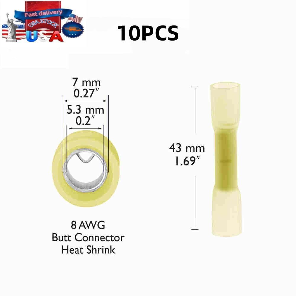 10 Heat Shrink Butt Connectors 8 Gauge Ga AWG Car Audio Power Ground ...