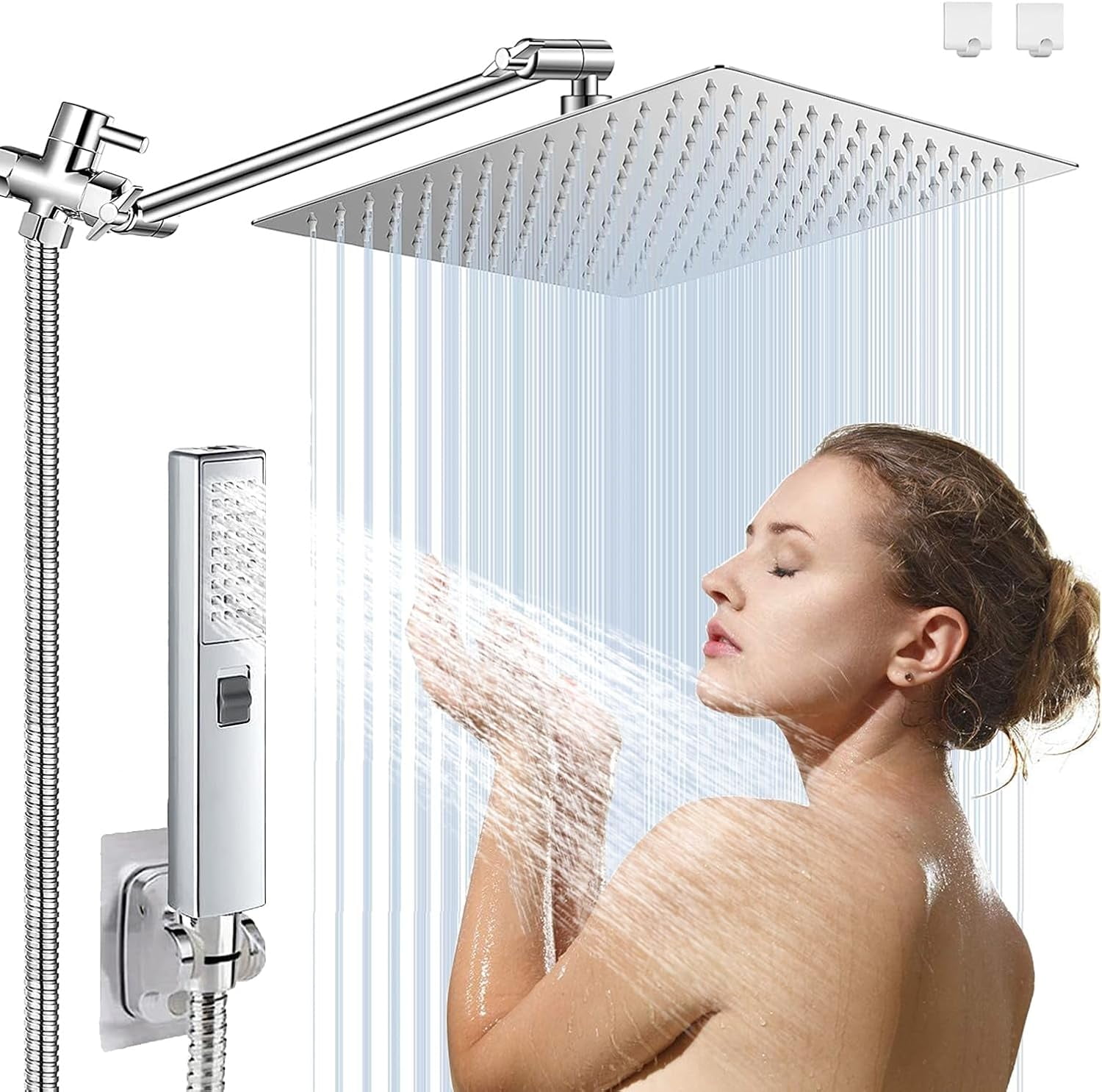 10" High Pressure Square Rainfall Shower Head with 2-in-1 Hand Shower ...