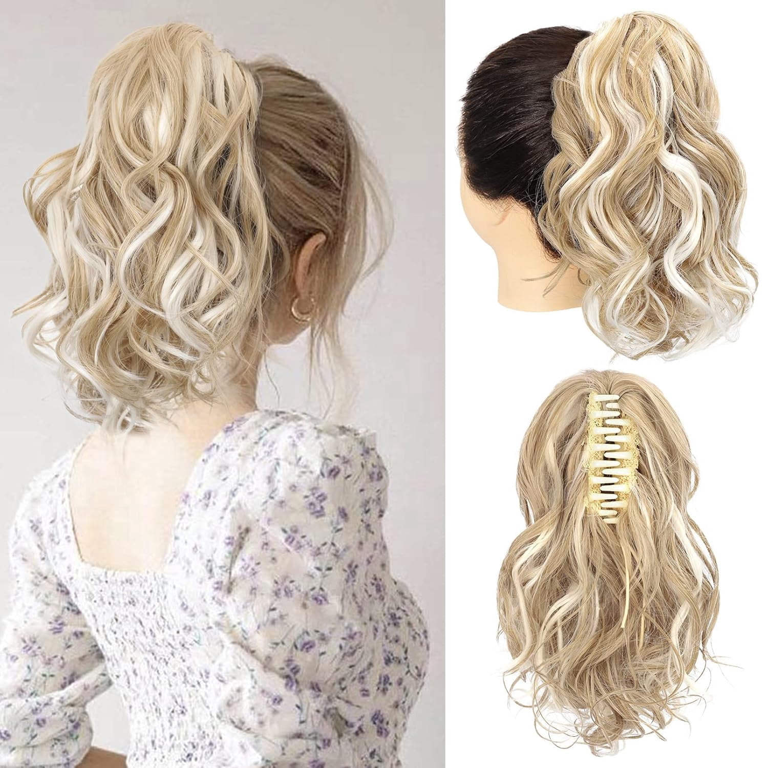 10" Highlight Ponytail Extension Claw Short Thick Wavy Curly Jaw Clip ...