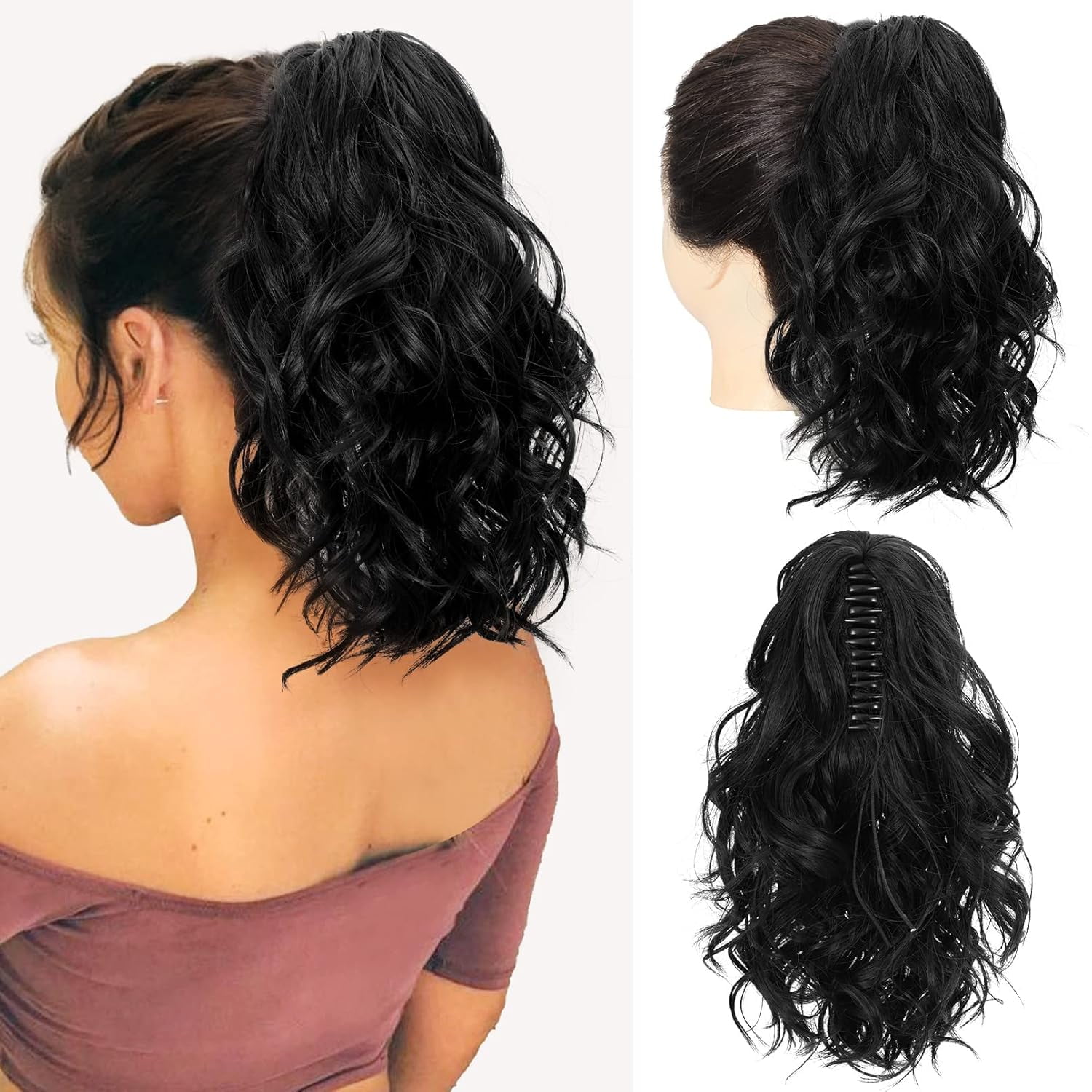 10" Highlight Ponytail Extension Claw Short Thick Wavy Curly Jaw Clip ...