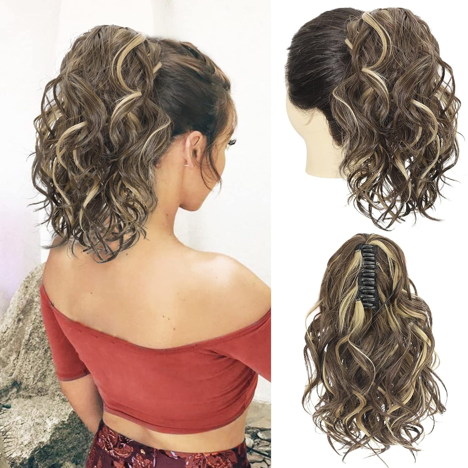 10" Highlight Ponytail Extension Claw Short Thick Wavy Curly Jaw Clip ...