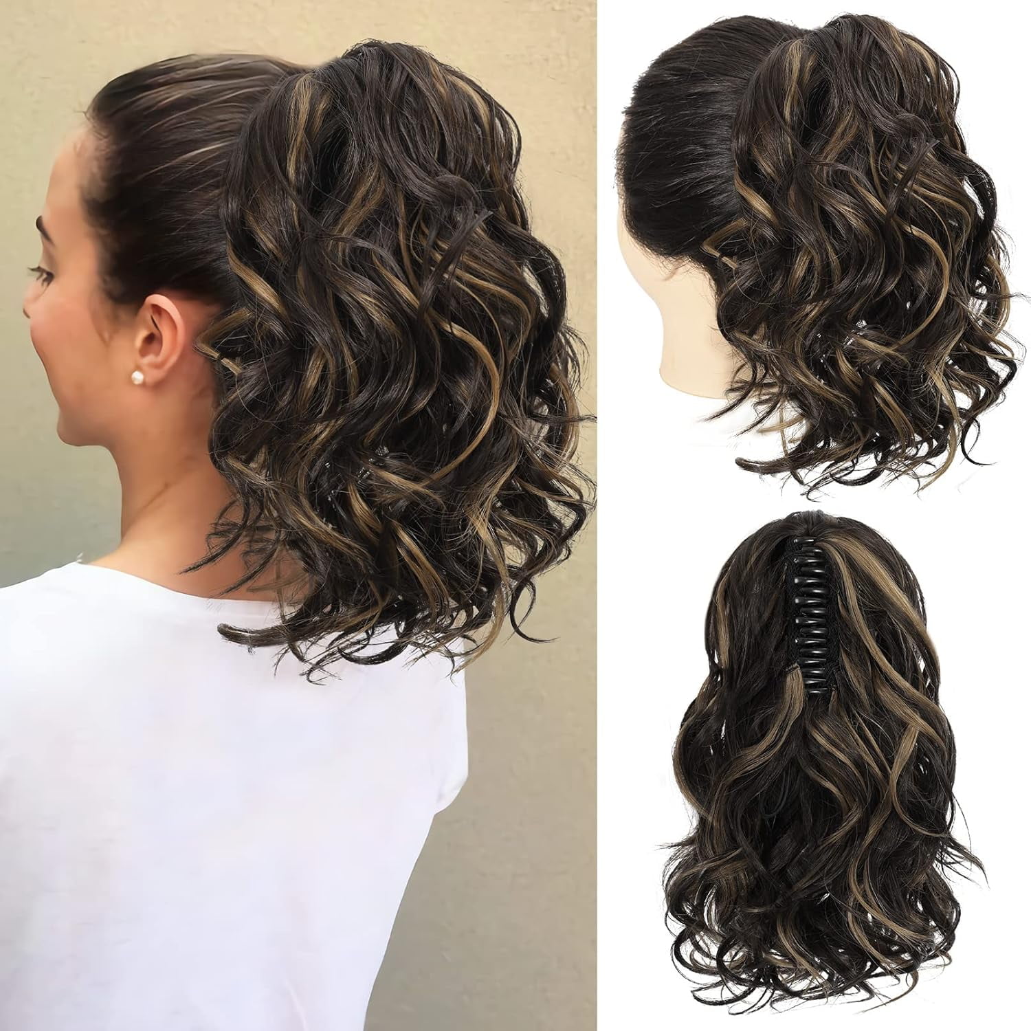 10" Highlight Ponytail Extension Claw Short Thick Wavy Curly Jaw Clip ...