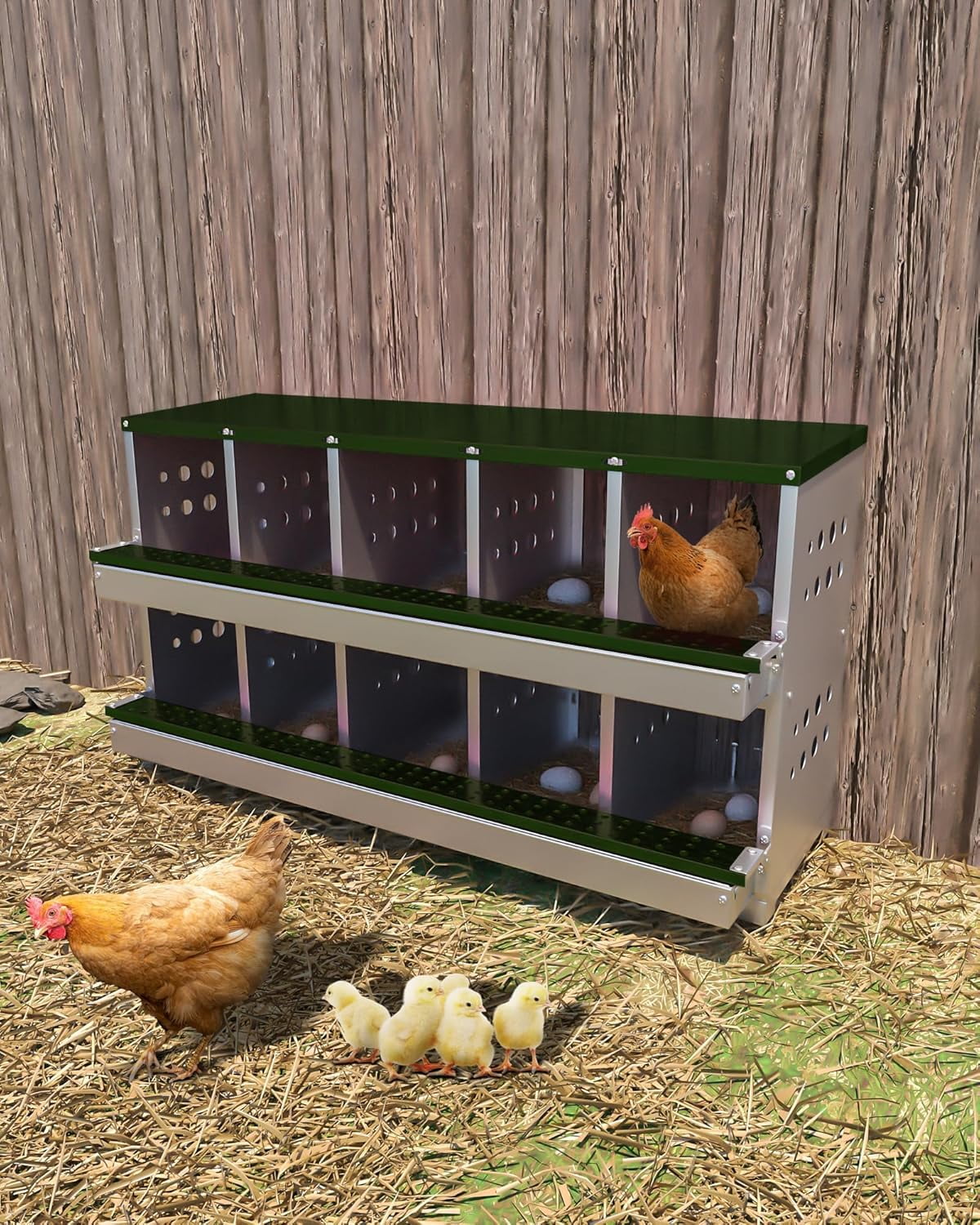 10-Hole Metal Chicken Nesting Box w/Roll-Away Eggs, Galvanized Steel ...