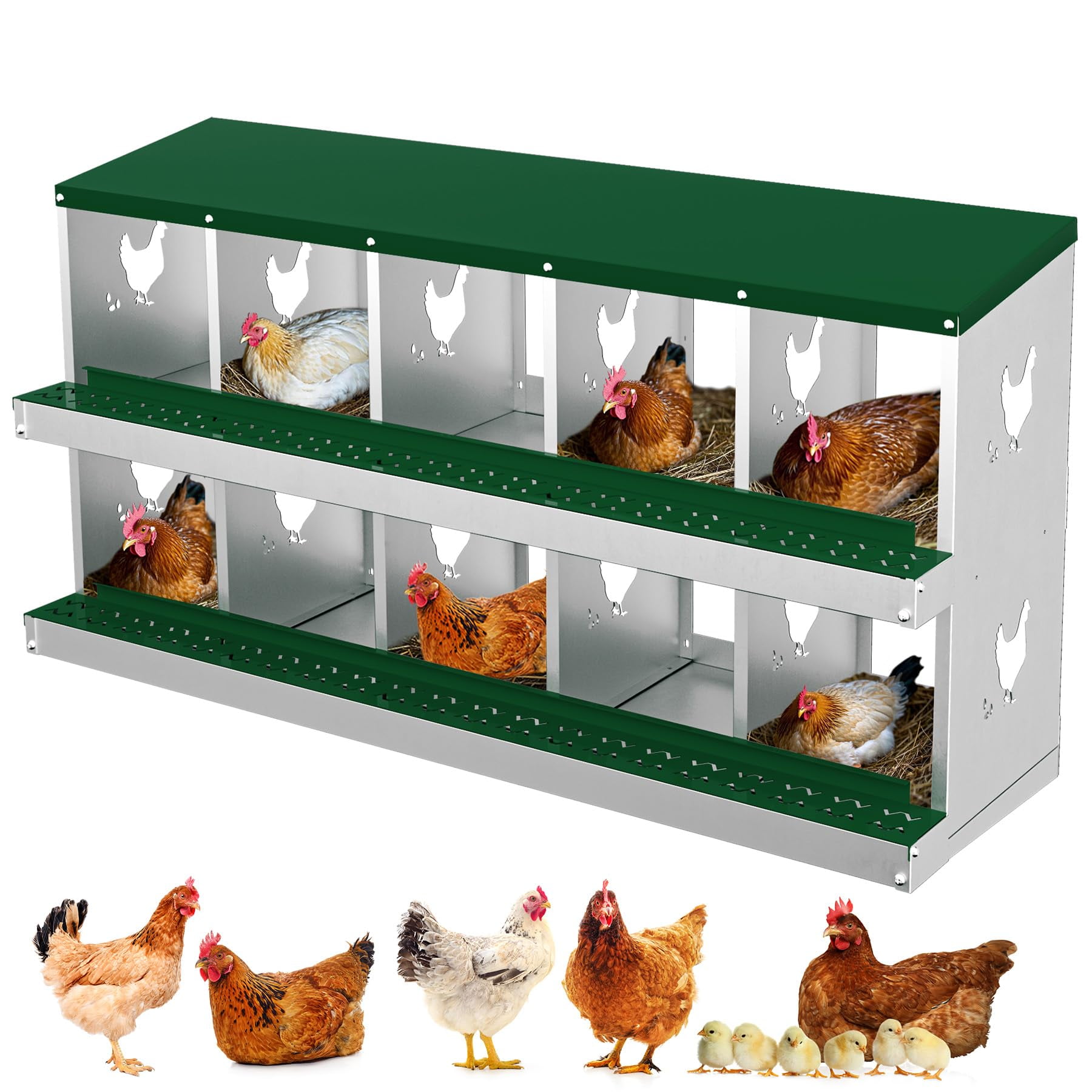 10 Holes Chicken Nesting Box, Metal Egg Laying Box with Roll-Away ...