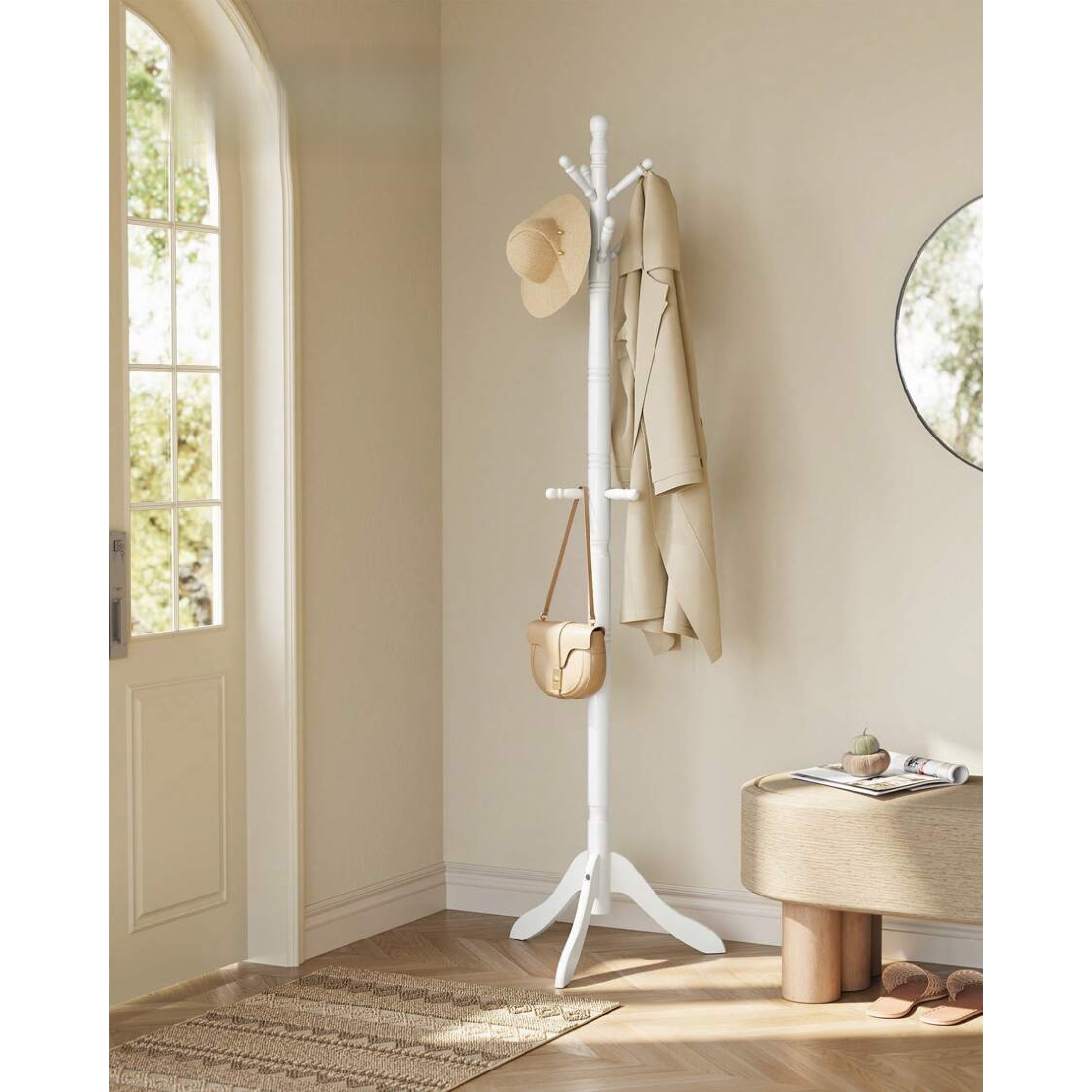 10-Hook Solid Rubberwood Coat Rack - Free Standing Hall Coat Tree for ...